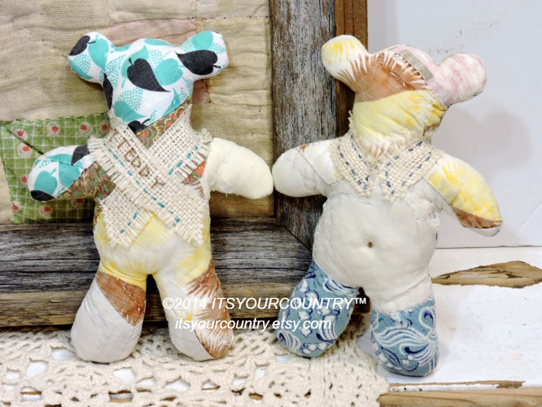 Patchwork Teddy Bears Old Vintage Quilt Shabby Stuffed Small Bear ...