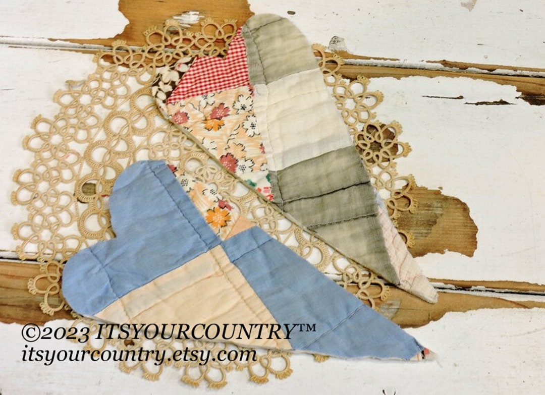 Primitive Heart Appliques Vintage Large Old Feedsack Patchwork Quilt ...
