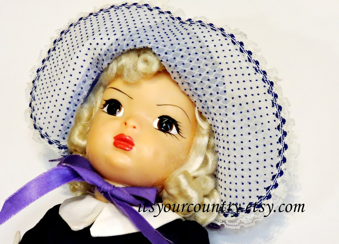 Vintage Doll Bonnet Handmade Fancy Blue Chiffon Dotted Swiss Baby Doll ...