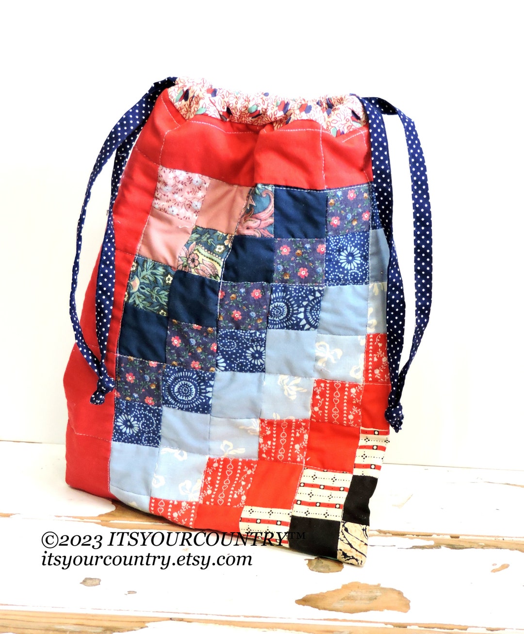 Vintage Patchwork Fabric Drawstring Bag Cloth Travel Storage Hosiery ...