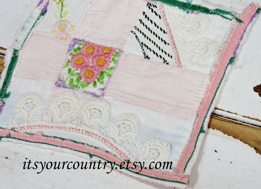 Miniature Quilt Textile Wall Art Artisan Fiber Collage Pink Floral ...
