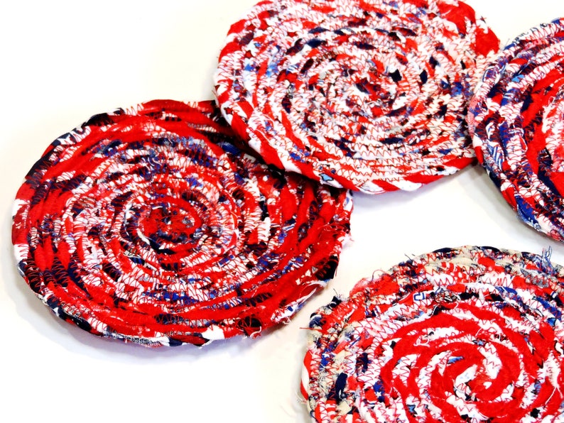 Patriotic Rag Rope Coasters Red White Blue Coiled Mug Rugs | Etsy