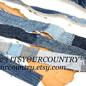 Upcycled Denim Fabric Rag Ribbon Artisan Handmade Blue Jean Fiber Art ...
