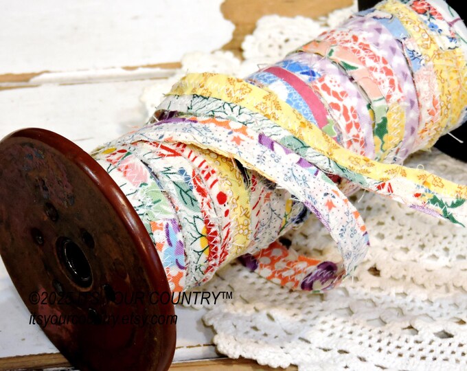 Reproduction Feedsack Fabric Rag Ribbon Artisan Cottagecore Fiber Art ...