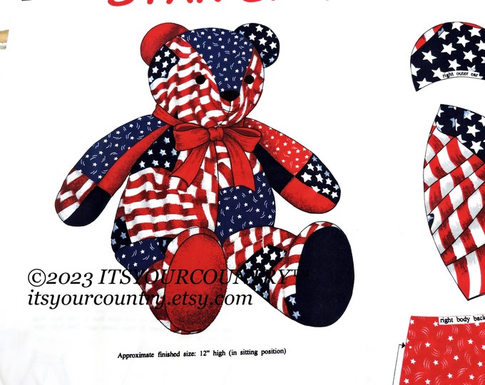 Star Spangled Teddy Bear Fabric Panel Patriotic Stuffed Cotton Soft Toy ...