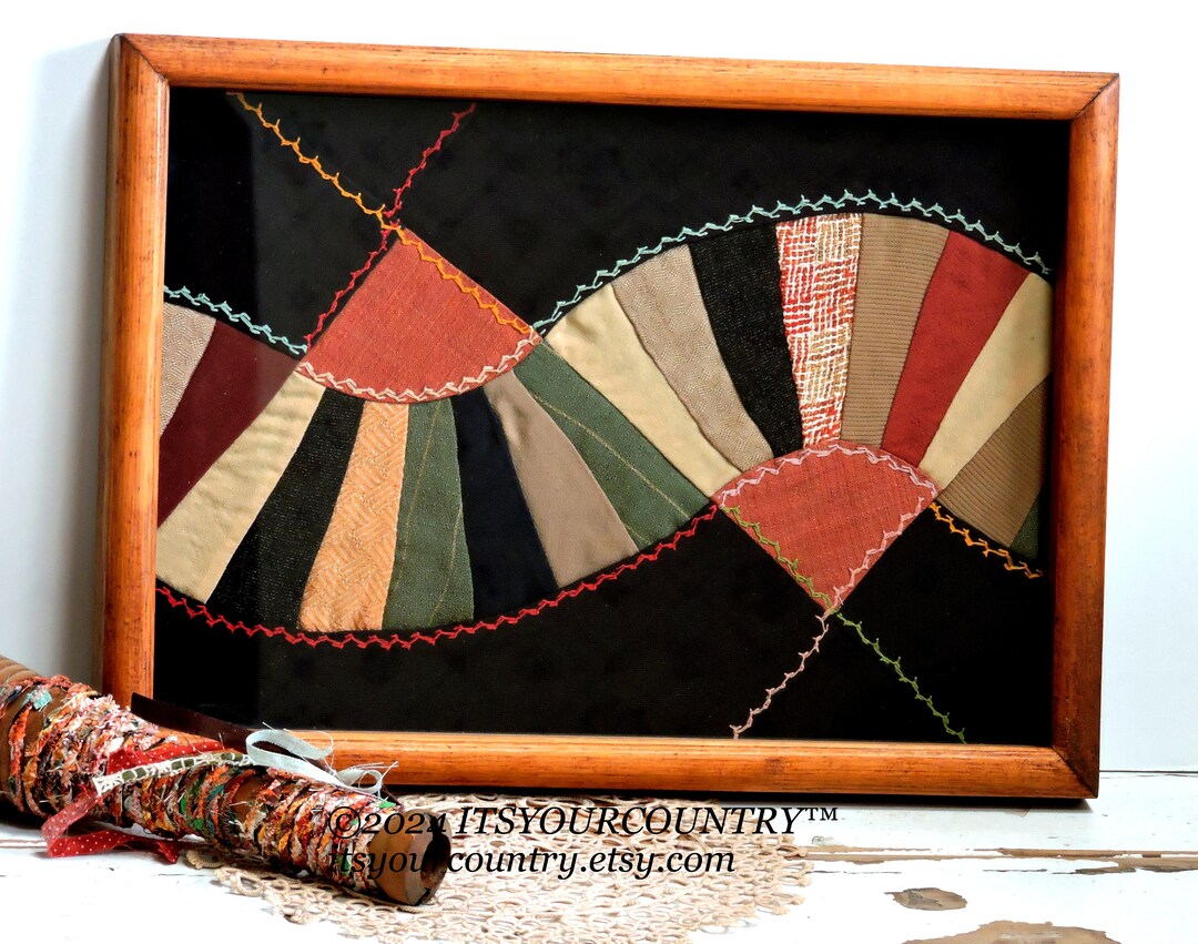 1920s Antique Framed Fan Quilt Block Piece W/hand Embroidery Primitive Patchwork Farmhouse Decor ...