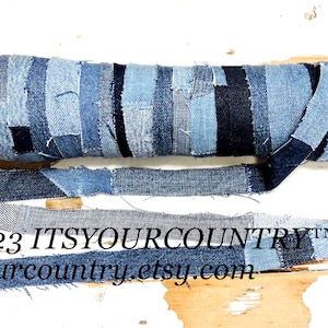 Upcycled Denim Fabric Rag Ribbon Artisan Handmade Blue Jean Fiber Art ...