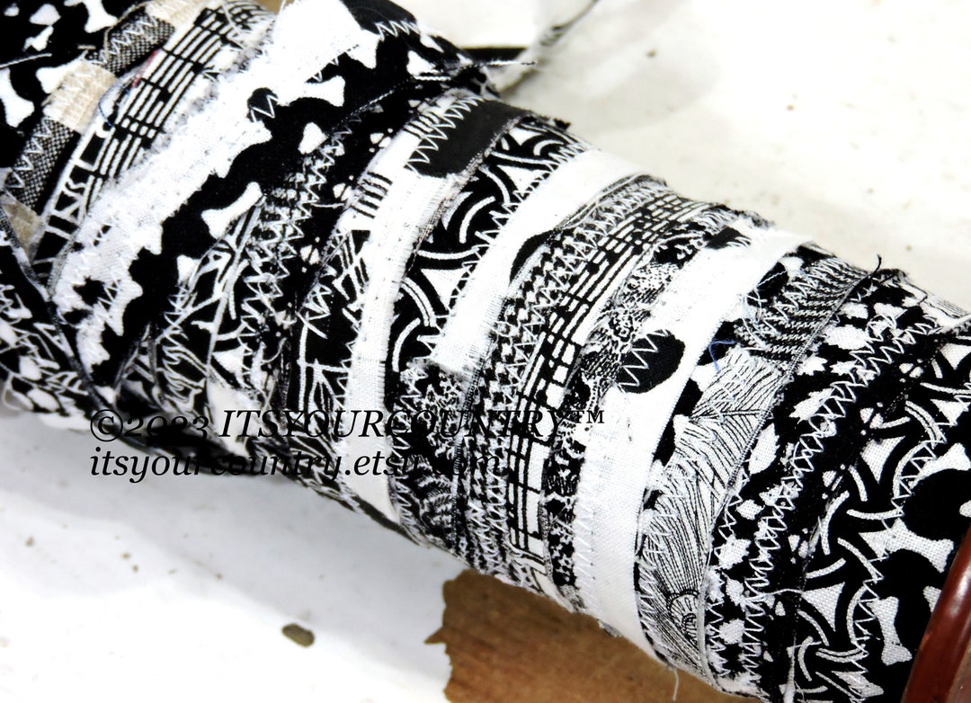 Black & White Tattered Artisan Fabric Rag Ribbon Fiber Art Sewing ...