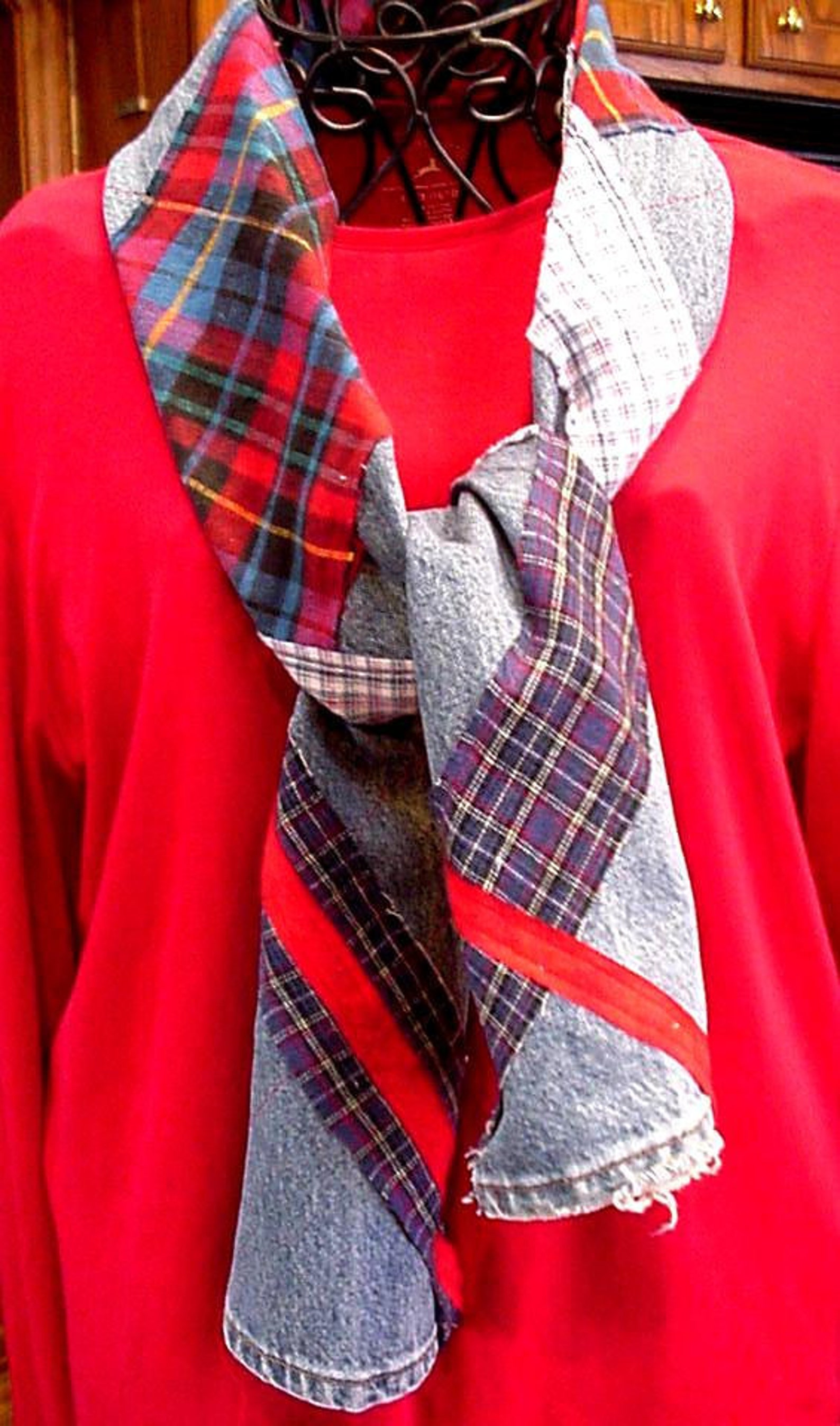 Tattered Denim Scarf Original Shabby Plaid Flannel Ragged | Etsy