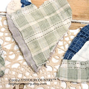Primitive Patchwork Hearts Shabby Old Quilted Blue Fabric Cutout ...