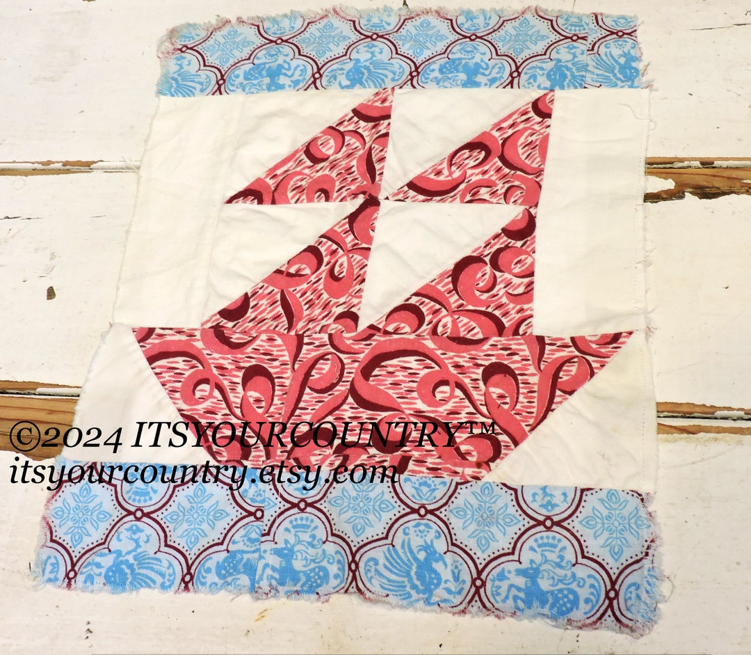 Patchwork Sailboat Quilt Block 1940s Vintage Cotton Feedsack Primitive ...