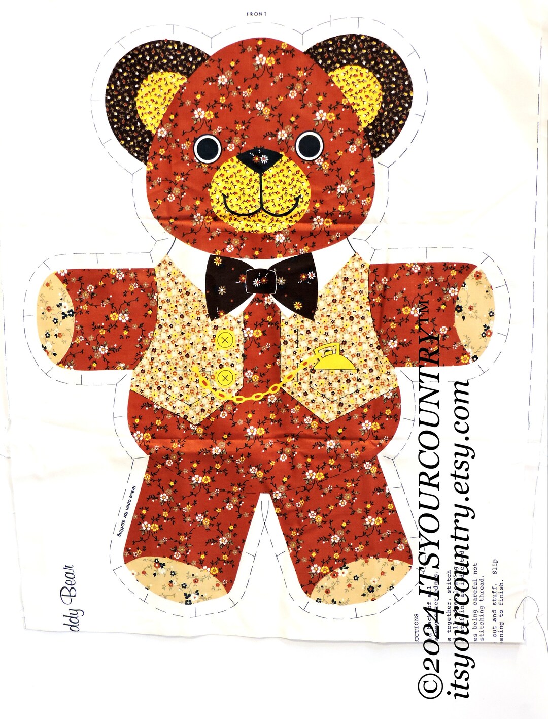 Calico Teddy Bear Fabric Panel Stuffed Cotton Soft Toy Cut Sew & Stuff ...