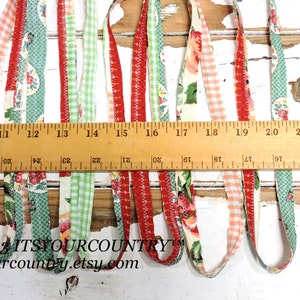 Fabric Rag Ribbon Country Gingham Greens Peach Red Artisan Fiber Art ...