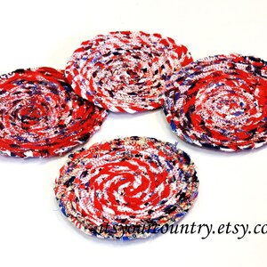Patriotic Rag Rope Coasters Red White Blue Coiled Mug Rugs Textile ...