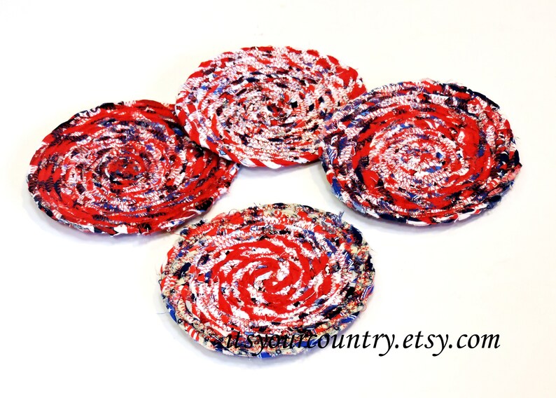 Patriotic Rag Rope Coasters Red White Blue Coiled Mug Rugs - Etsy