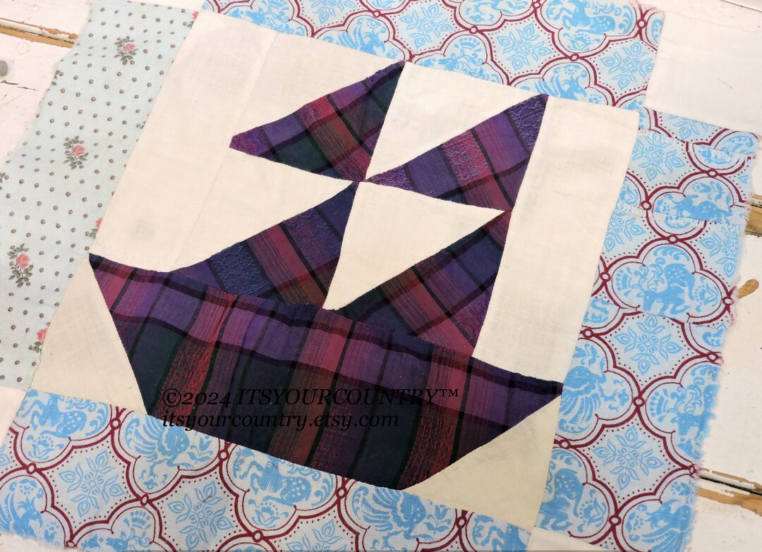 Patchwork Sailboat Quilt Block 1940s Vintage Cotton Feedsack Primitive ...
