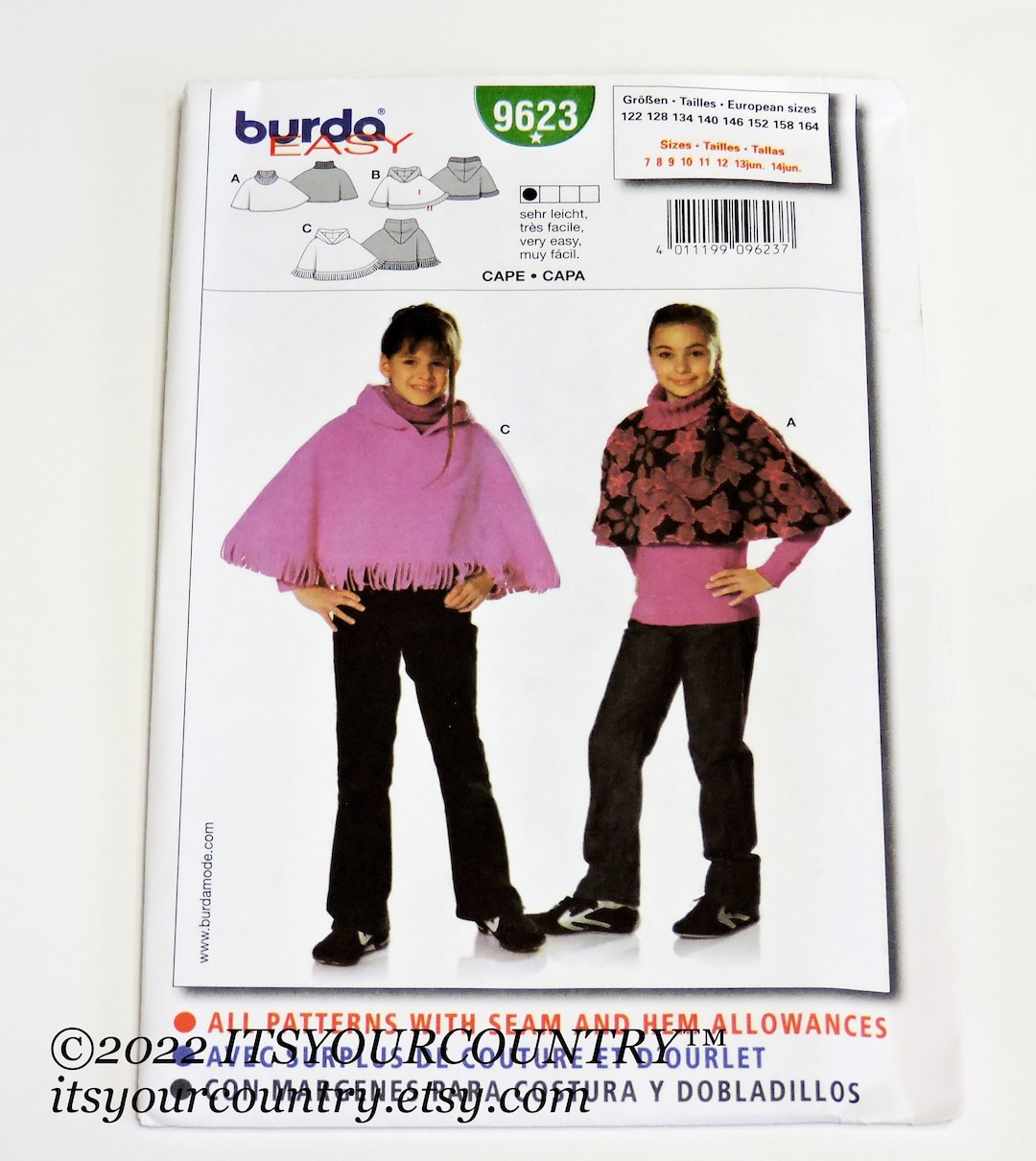 Burda 9623 Girls Cape Capelet Pancho Wrap Sewing Pattern Girls Sz 7 8 9 ...