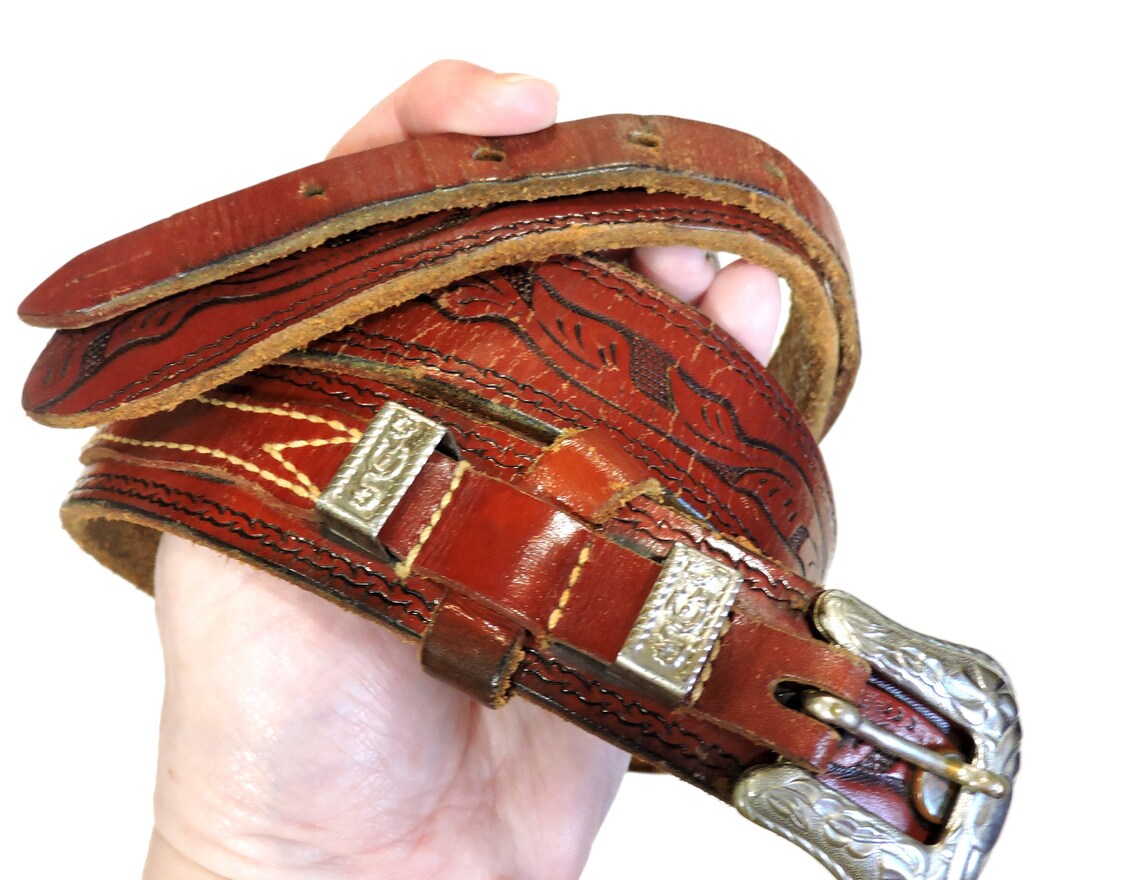 Western Ranger Style Belt Brown Tooled Leather with Silver | Etsy