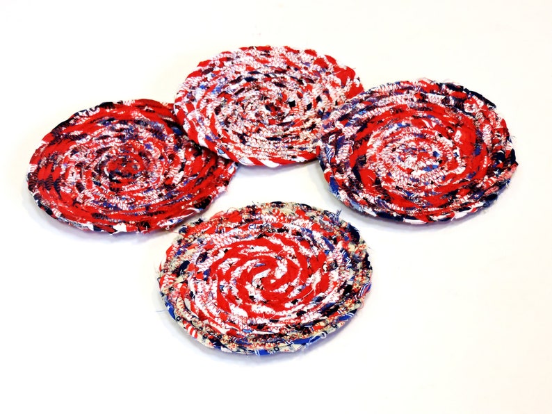 Patriotic Rag Rope Coasters Red White Blue Coiled Mug Rugs | Etsy