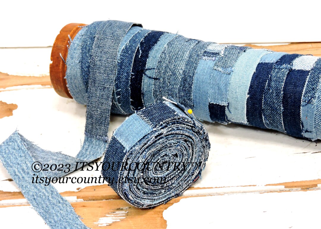 Upcycled Denim Fabric Rag Ribbon Artisan Handmade Blue Jean Fiber Art ...