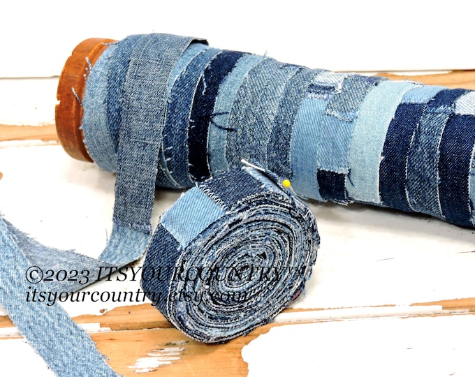 Upcycled Denim Fabric Rag Ribbon Artisan Handmade Blue Jean Fiber Art ...