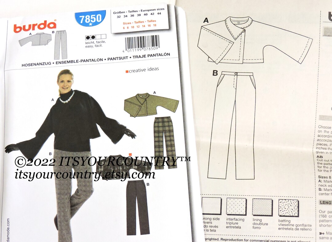 Burda 7850 Sewing Pattern Pantsuit, Short Jacket & Pants Misses Sz 6 18 ...