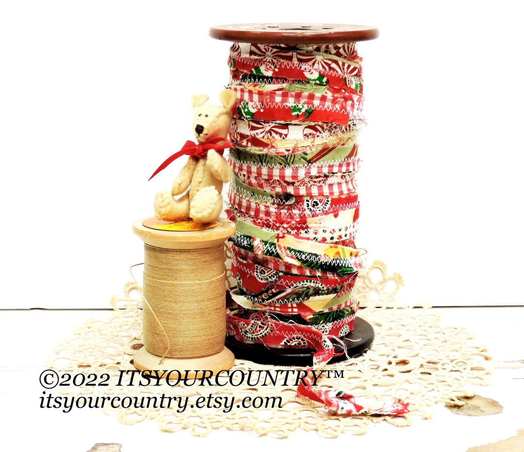 Country Christmas Fabric Rag Ribbon BTY Artisan Homespun Textile Art ...