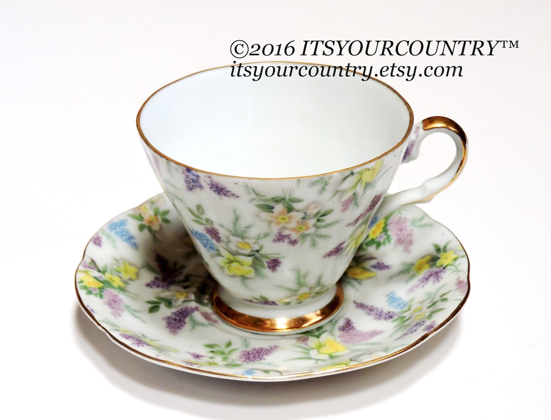 Lefton China Tea Cup & Saucer Vintage Collectible Hand Painted Purple ...
