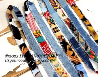 Upcycled Denim Fabric Rag Ribbon Artisan Handmade Blue Jean Fiber Art ...