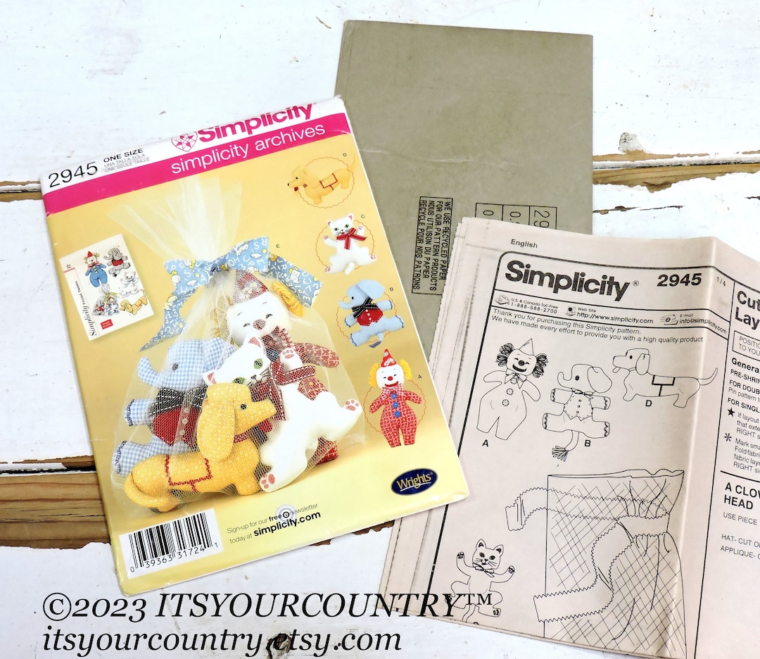 Simplicity 2945 Sewing Pattern Stuffed Animal Cloth Toys Dog Cat ...