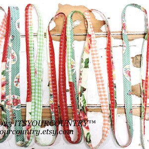 Fabric Rag Ribbon Country Gingham Greens Peach Red Artisan Fiber Art ...