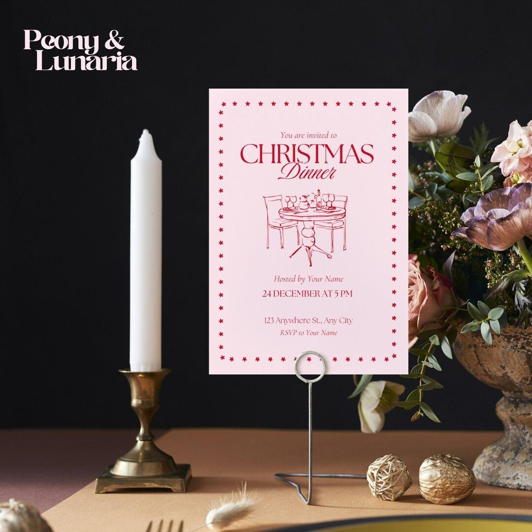 Editable Christmas Dinner Invitation with festive Hand-Drawn Line Art ...