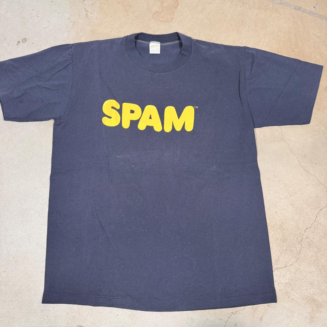 Vintage 80's Spam Spellout Logo T Shirt Mens Medium Blue Sportswear ...