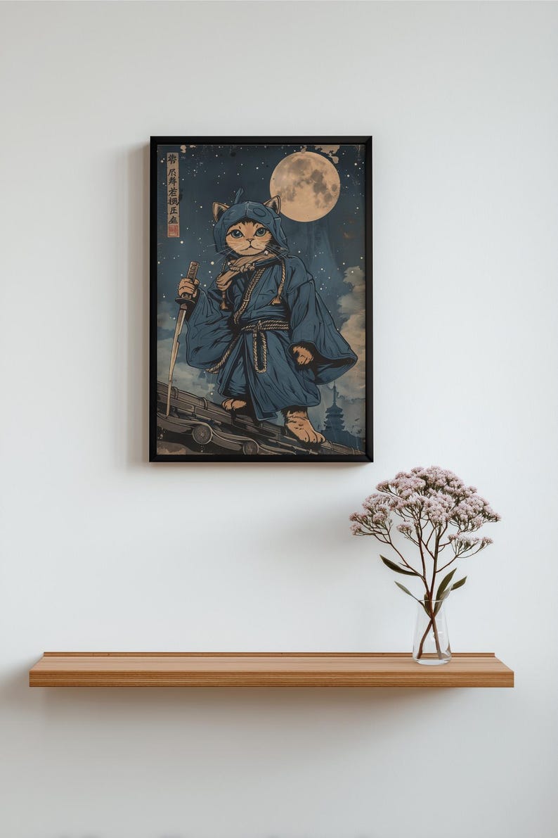Cute Ninja Cat Poster, Blue Shinobi Art, Japanese Ukiyo-e Print ...