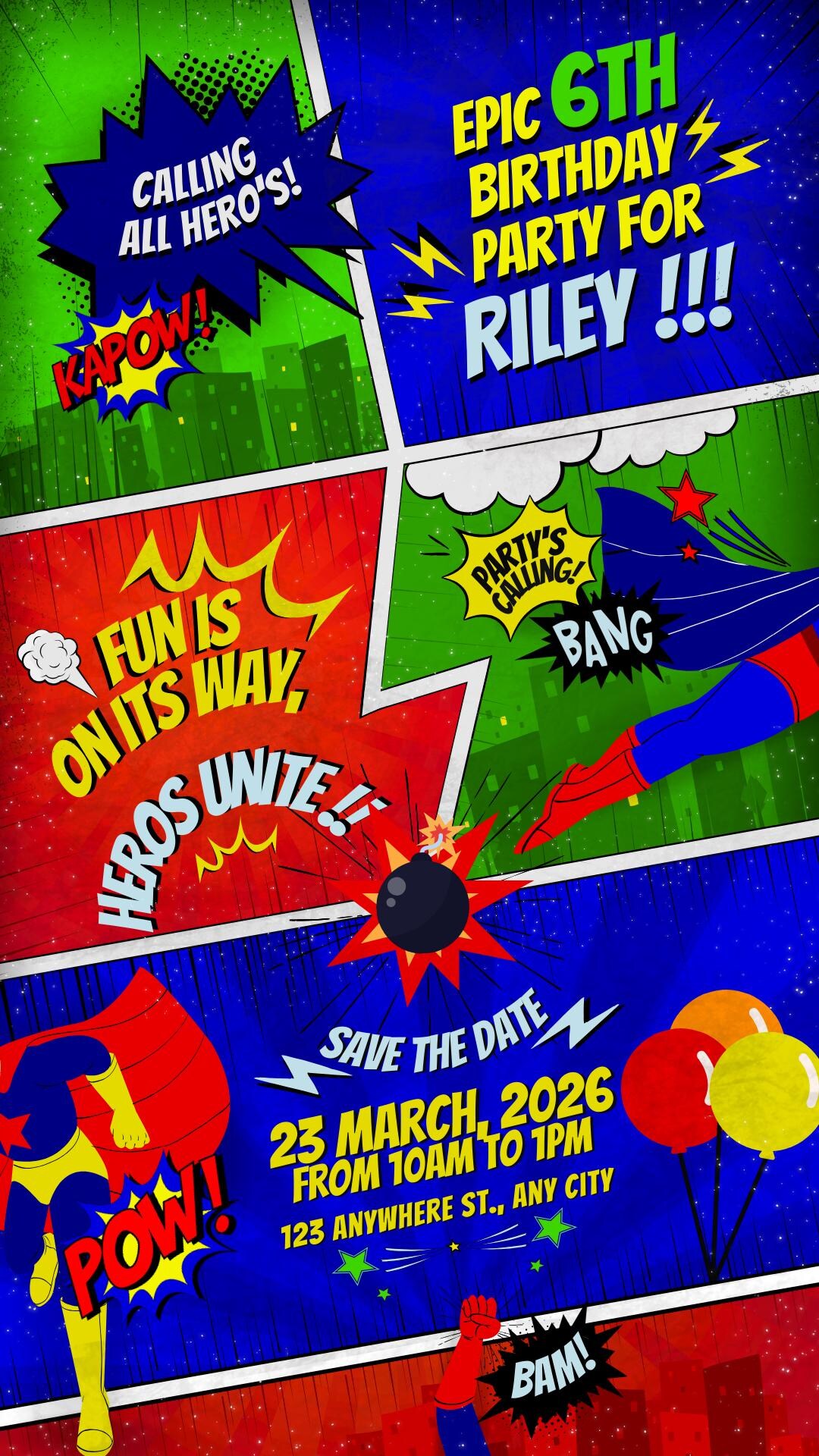 Editable Kids Birthday Invitation | Comic Style | Colourful Party ...