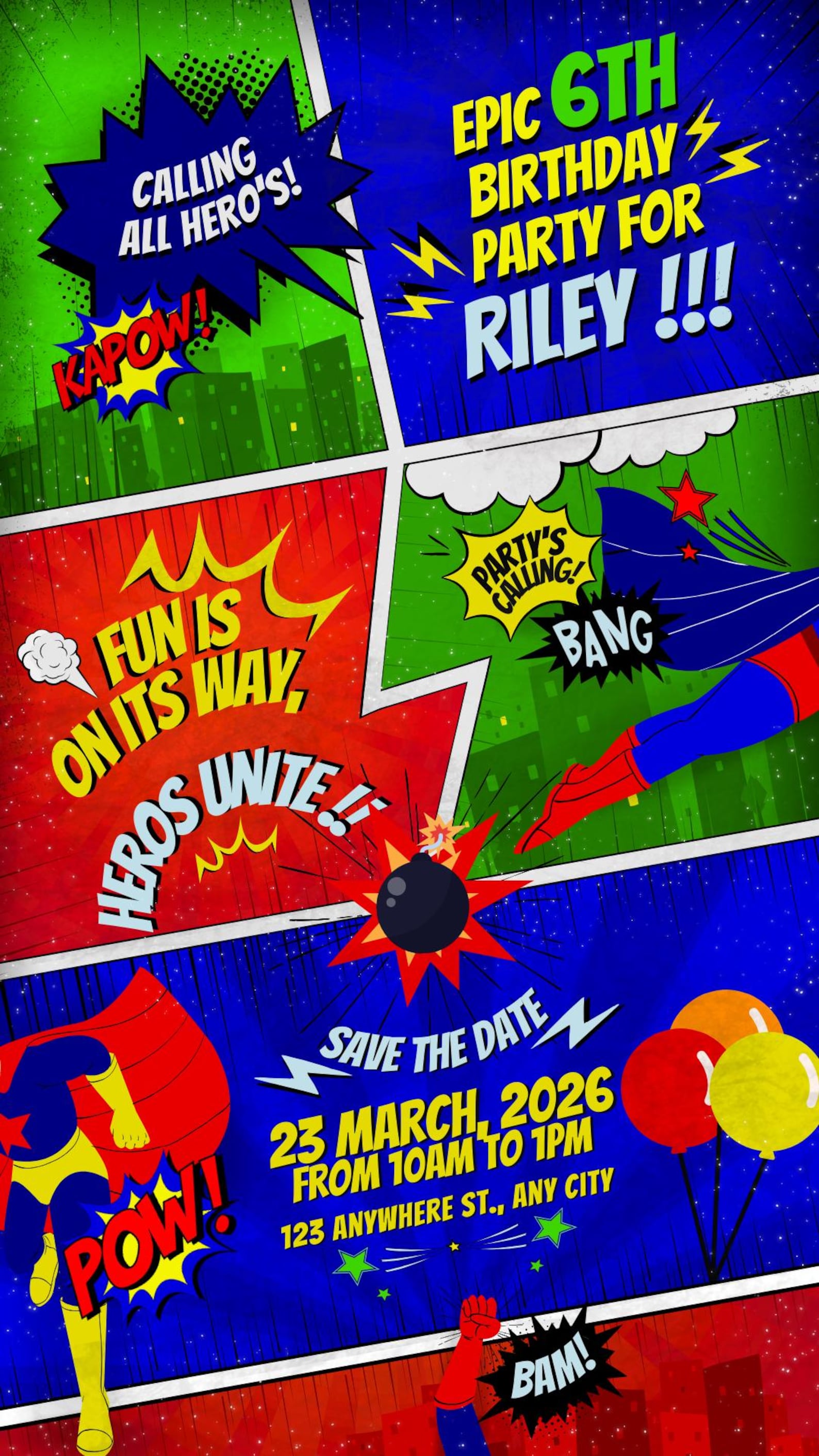 Editable Kids Birthday Invitation | Comic Style | Colourful Party ...