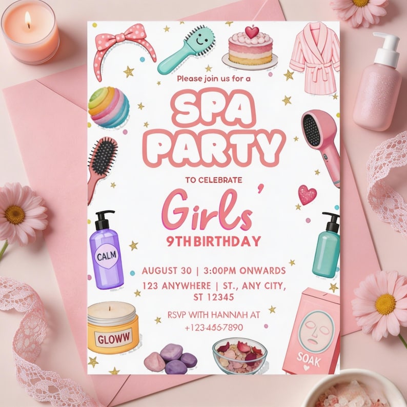 Spa Birthday Party Invitation, Pamper Party Invite, Girl Spa Birthday ...