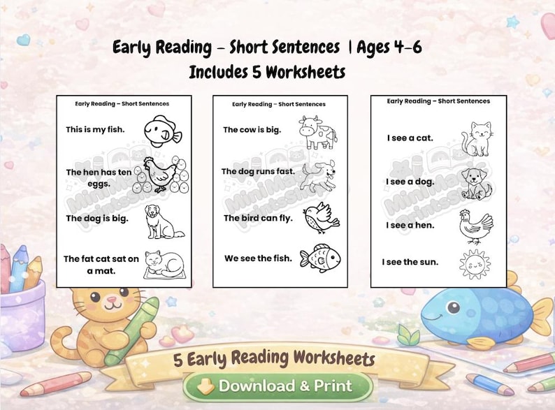 Reading Practice Set | Printable Early Reader Short Sentences Ages 4-5 ...