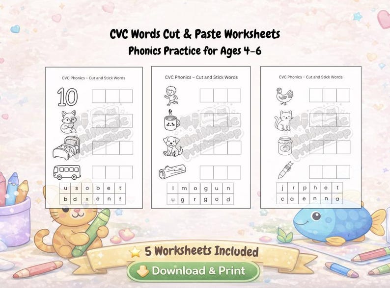 CVC Words Cut and Paste Worksheets | Phonics Activities for ...