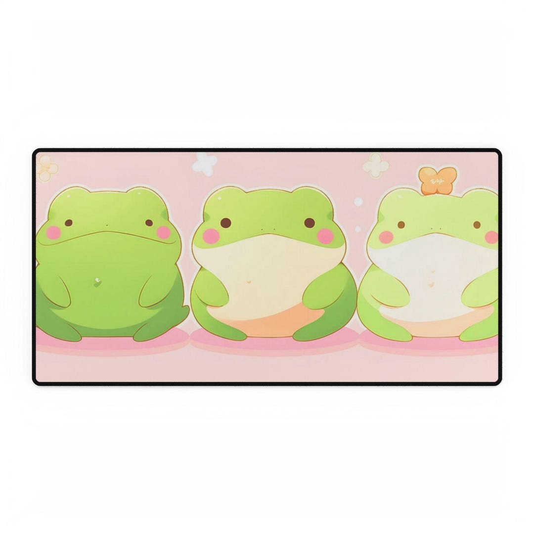 Kawaii Triple Frog Illustration Desk Mat | Cute Pink Frog Desk Mat - Etsy