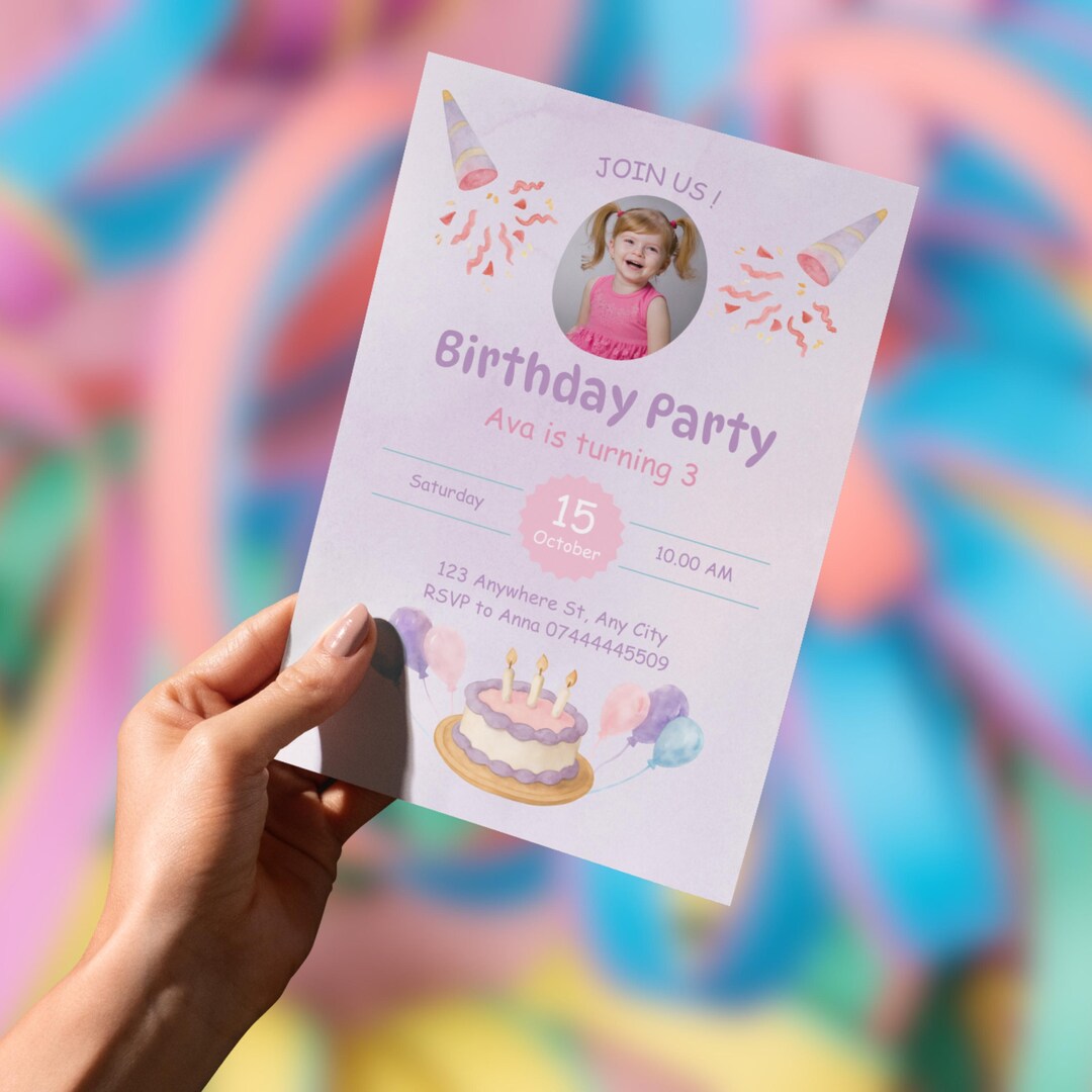 EDITABLE Putple Pastel Birthday Invitation for Girl, Photo Insert ...