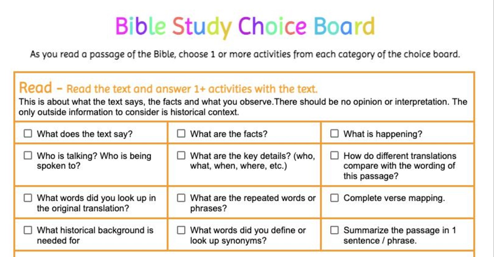 Bible Study Choice Board - Etsy