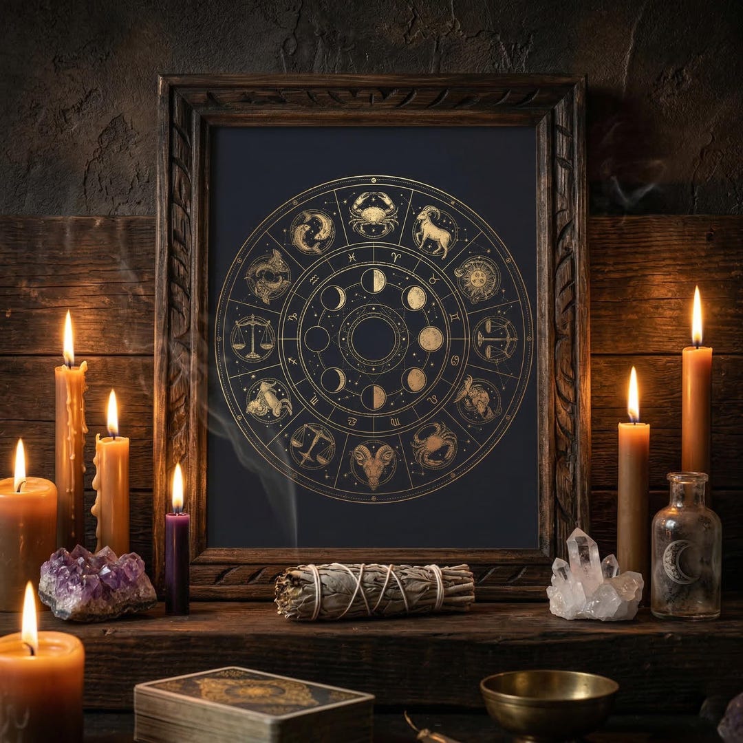 Antique Astrology Chart, Celestial Zodiac Wheel Print, Gold Occult Wall ...