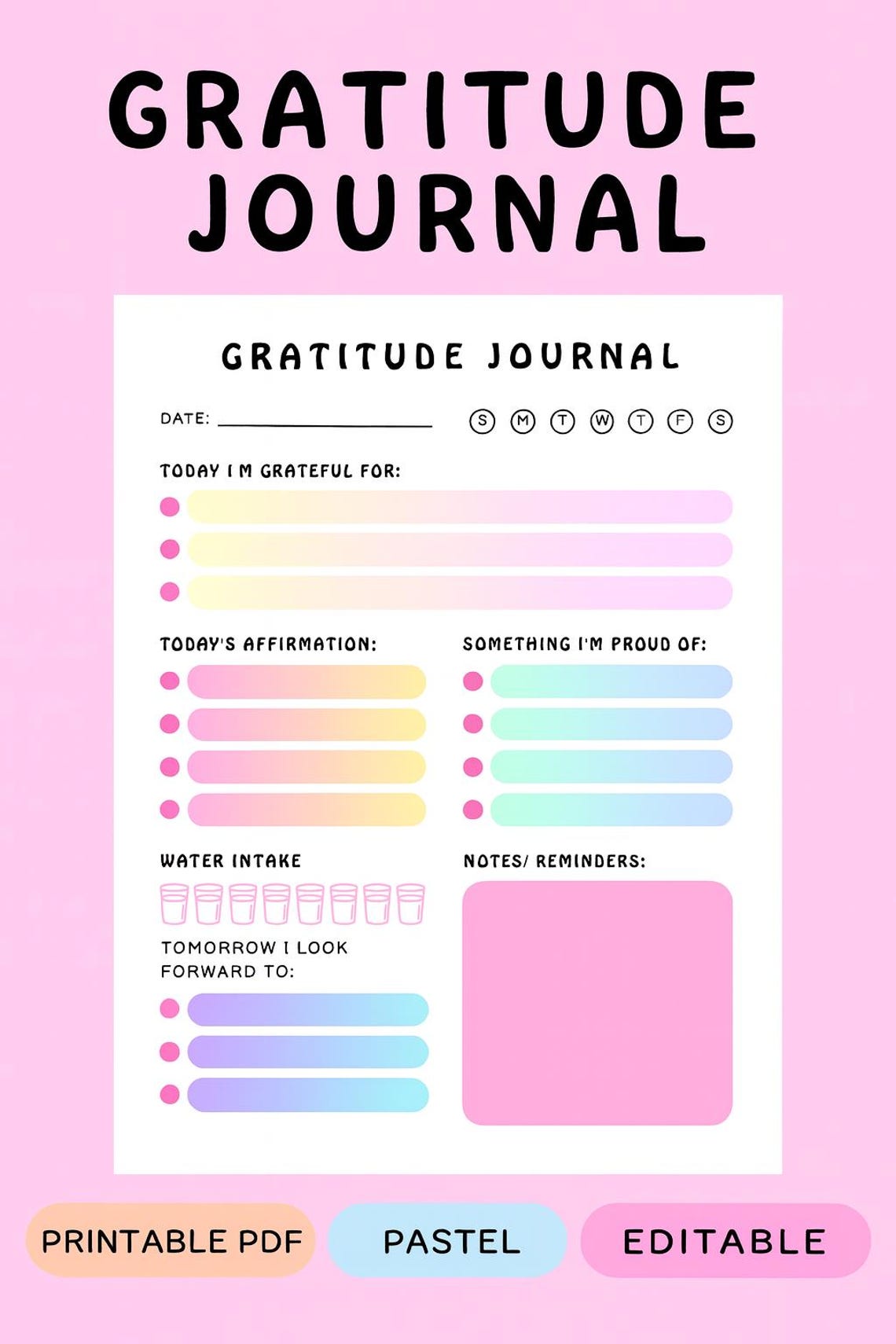 Pastel Gratitude Journal Printable | Daily Self-care (editable PDF) - Etsy
