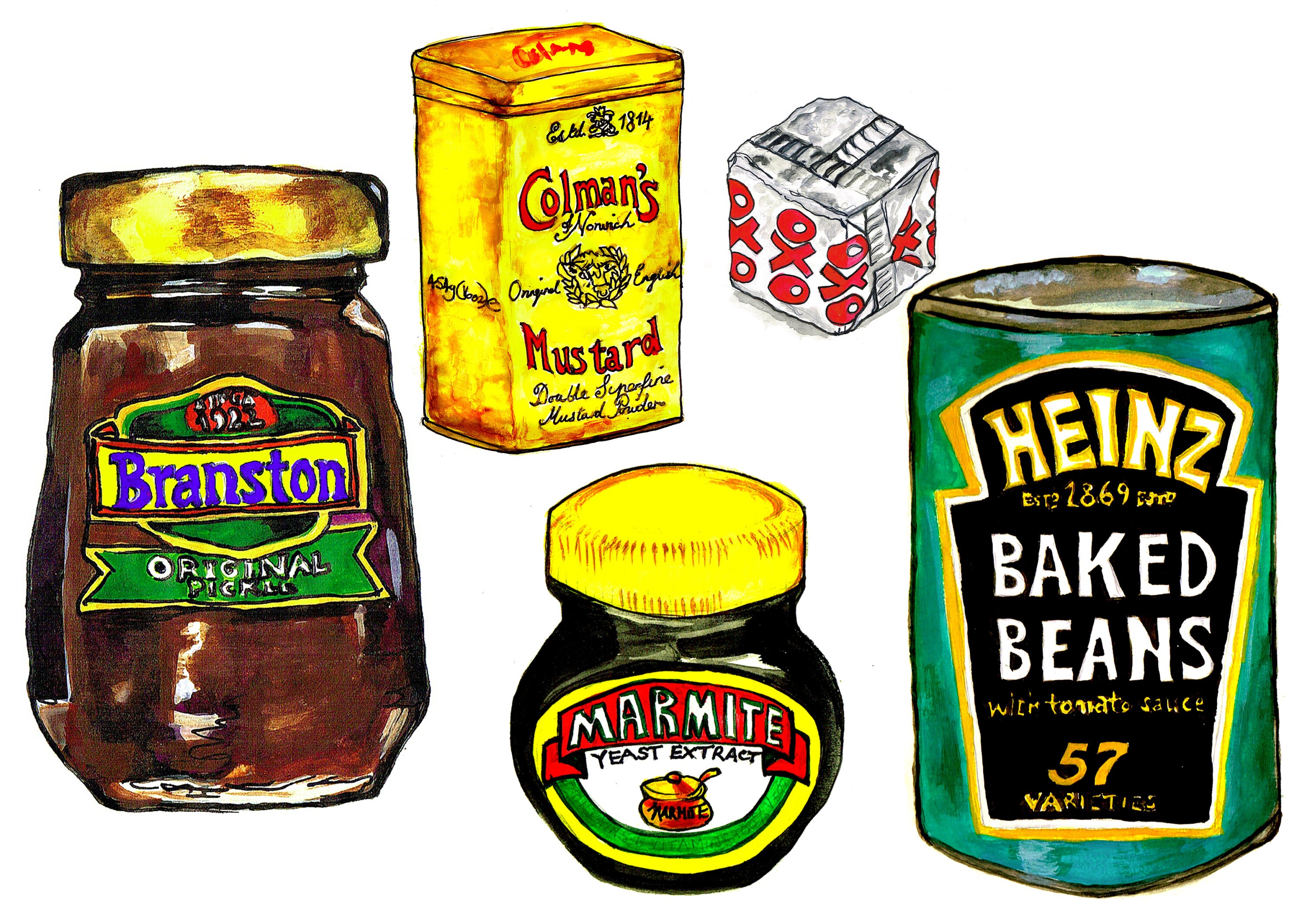A4 Fine Art Print of "great British Condiments" Branston, Oxo, Heinz ...