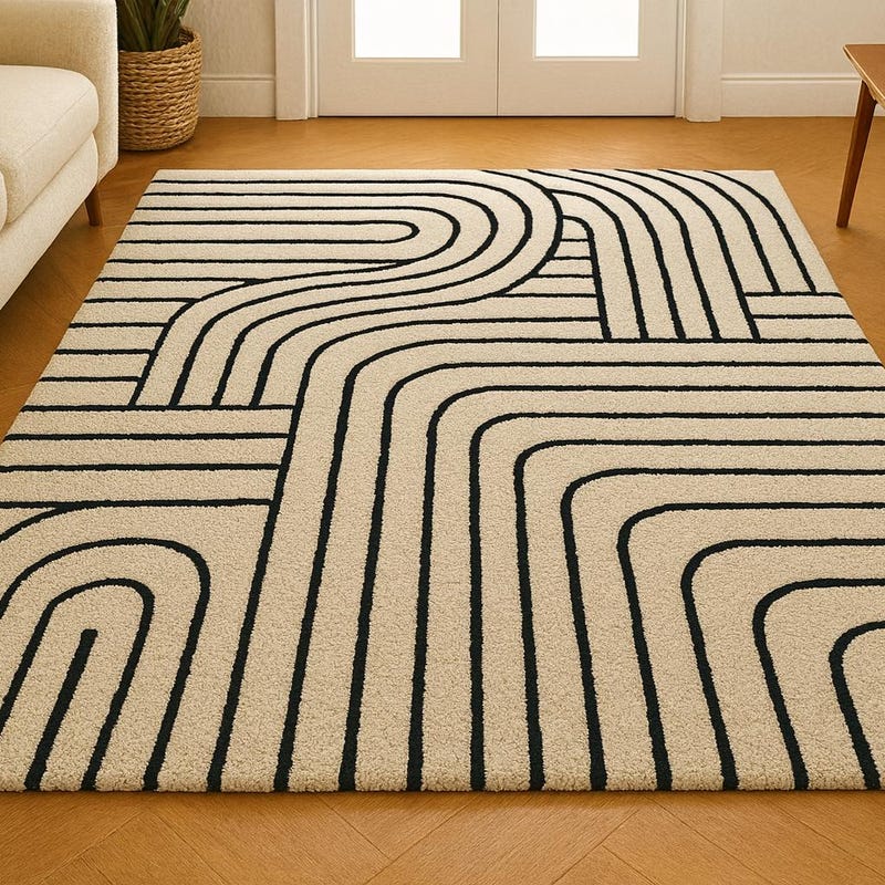 Black and Ivory Line Rug - Etsy UK