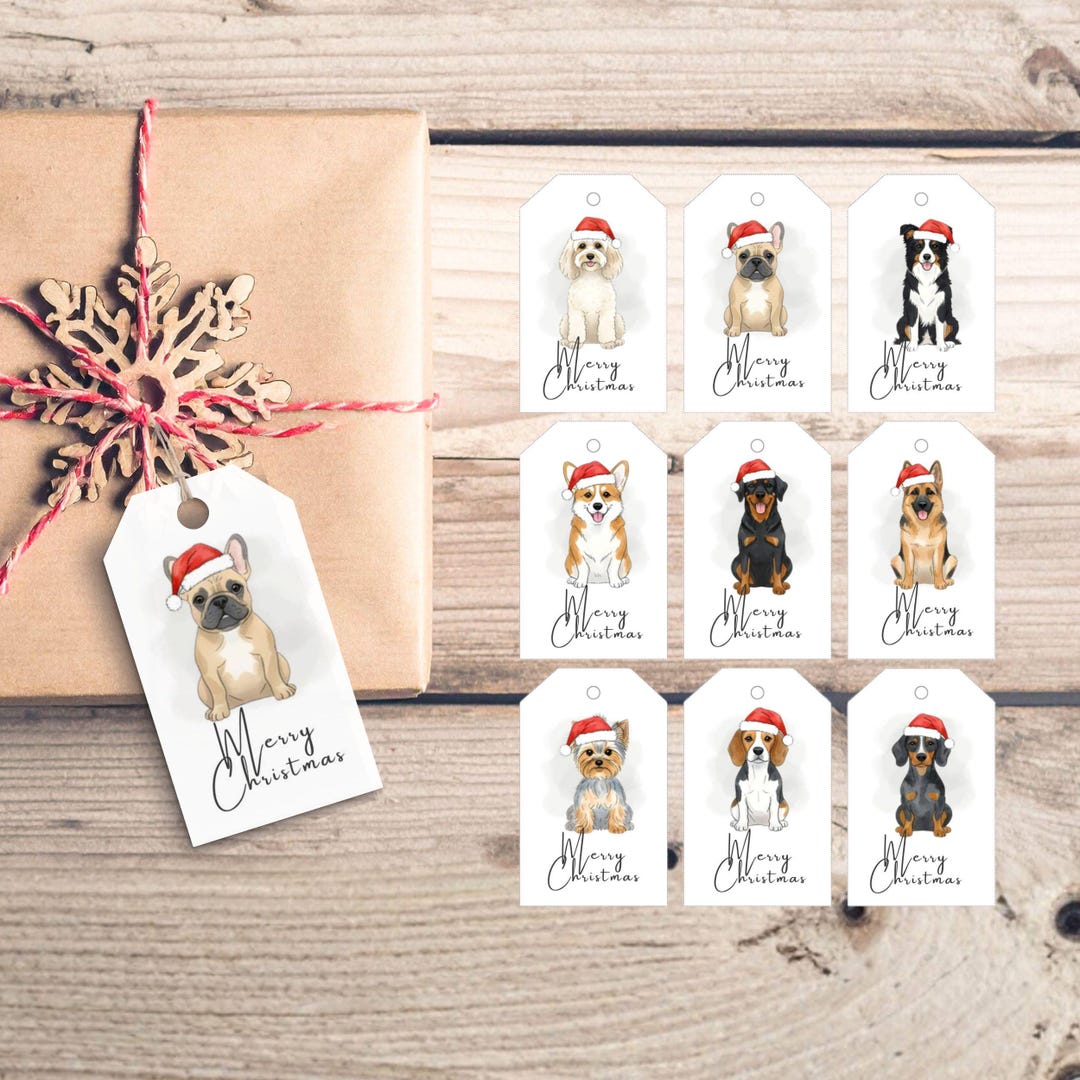 Printable Dog Christmas Gift Tags, Puppy Holiday Tags, Santa Hat Breed ...