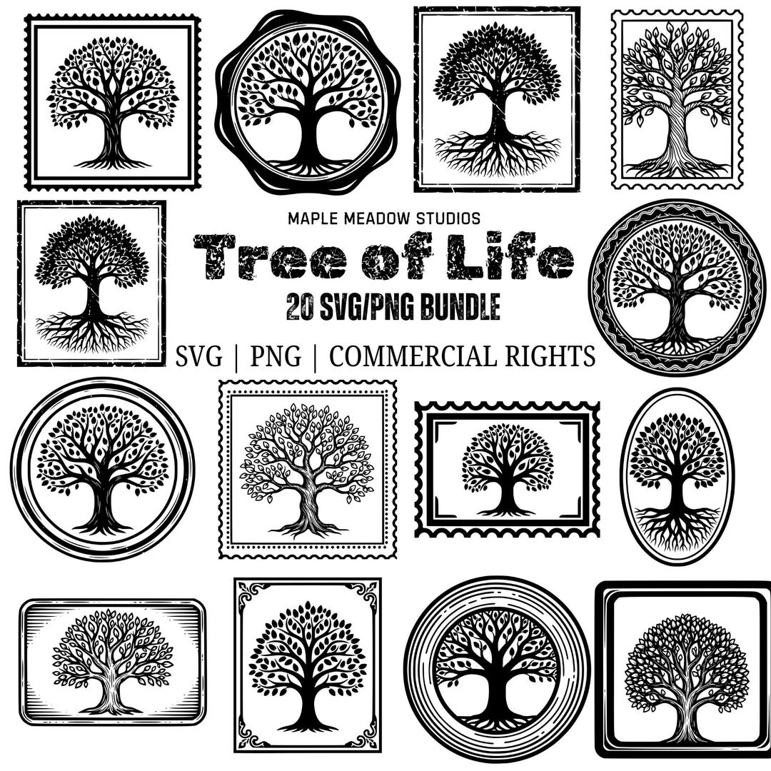 Tree of Life Stamp SVG PNG Bundle | Vintage Postage Stamp Tree of Life ...