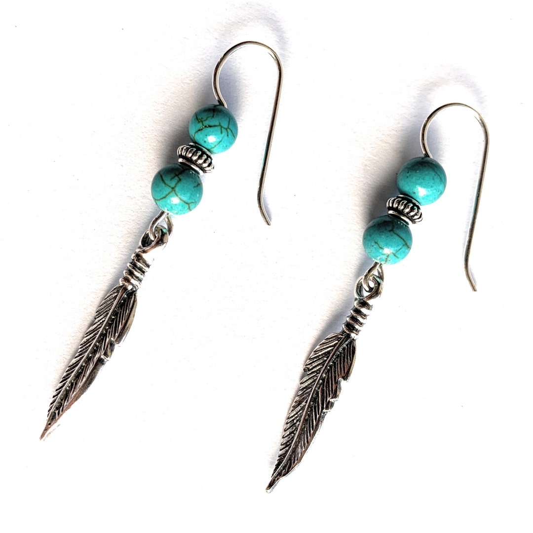Long Sterling Silver Feather Dangle Earrings With Turquoise - Etsy
