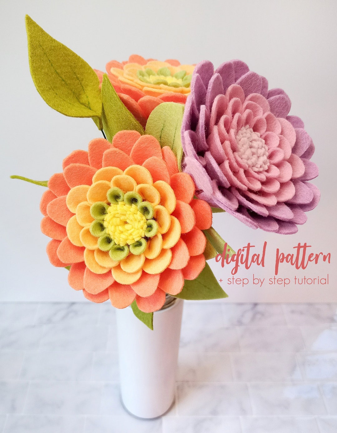 Felt Zinnia Flower PDF & SVG Digital Pattern, DIY Felt Flower Pattern ...